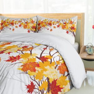 Ambesonne Fall Duvet Cover Set, Image of Canadian Maple Tree Leaves in Autumn Season Soft Reflection Effects, Decorative 3 Piece Bedding Set with 2 Pillow Shams, Queen Size, Orange White