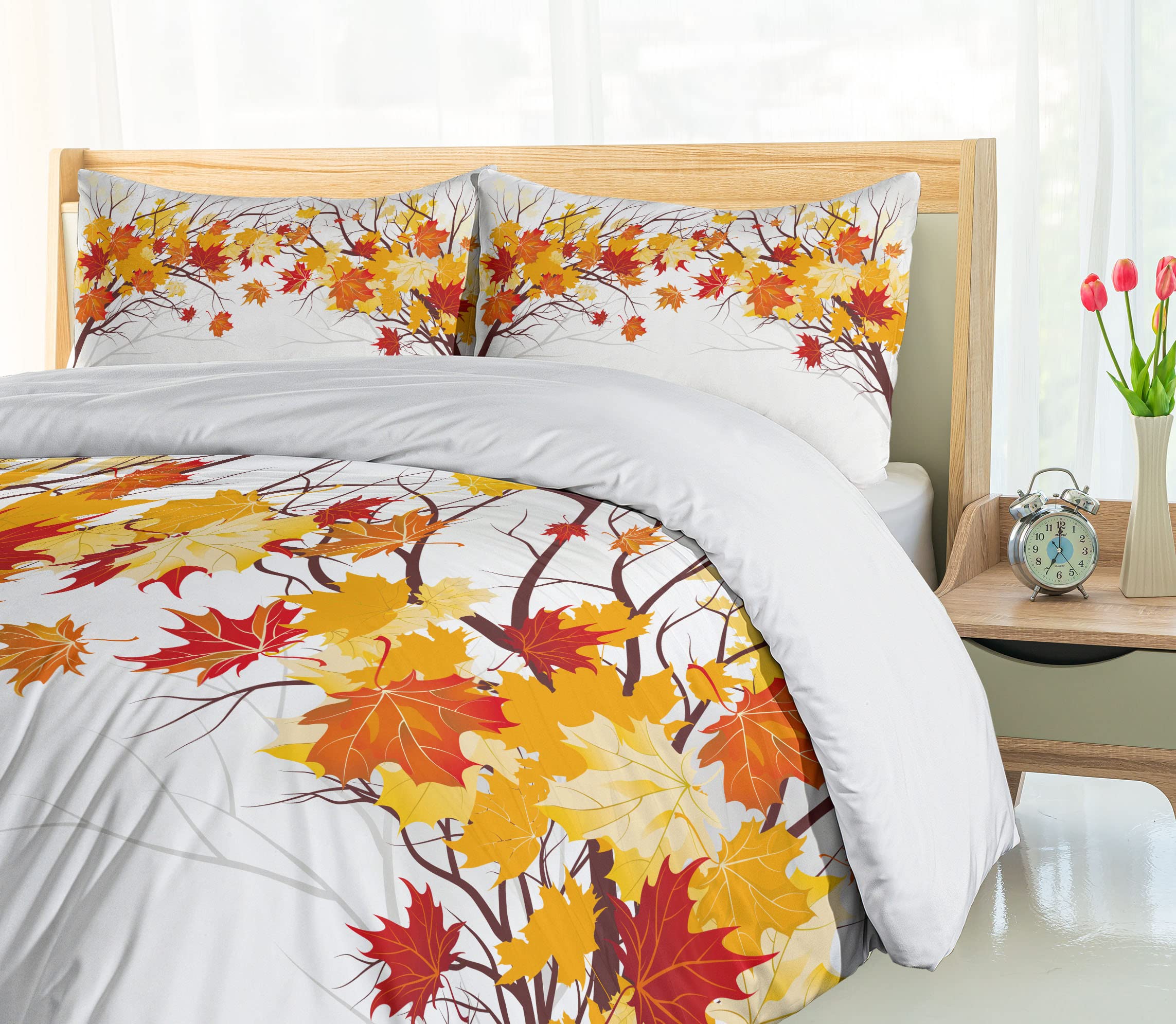 Ambesonne Fall Duvet Cover Set, Image of Canadian Maple Tree Leaves in Autumn Season Soft Reflection Effects, Decorative 3 Piece Bedding Set with 2 Pillow Shams, Queen Size, Orange White