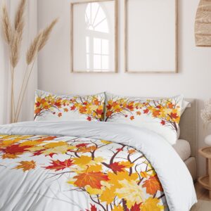 Ambesonne Fall Duvet Cover Set, Image of Canadian Maple Tree Leaves in Autumn Season Soft Reflection Effects, Decorative 3 Piece Bedding Set with 2 Pillow Shams, Queen Size, Orange White