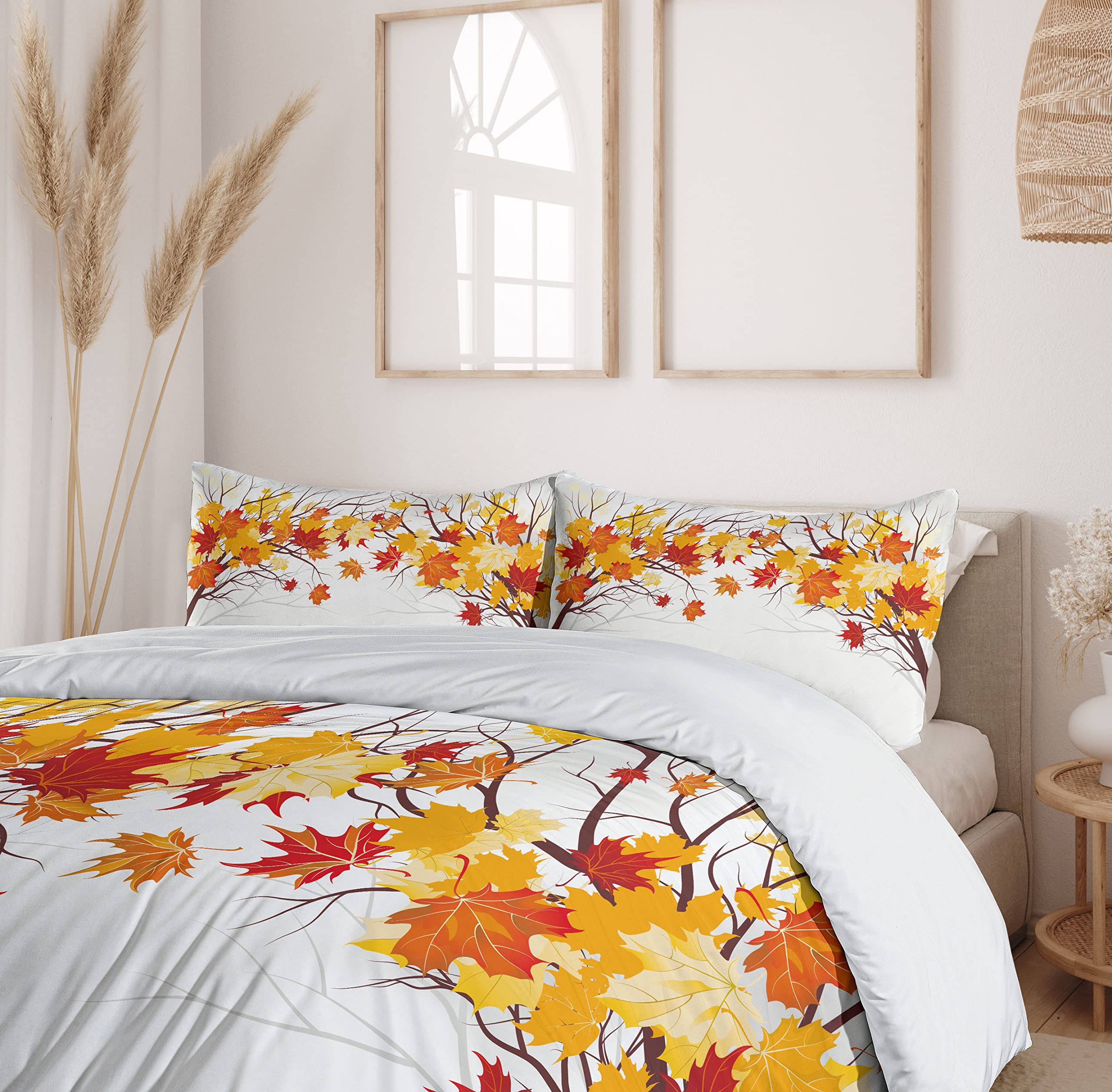 Ambesonne Fall Duvet Cover Set, Image of Canadian Maple Tree Leaves in Autumn Season Soft Reflection Effects, Decorative 3 Piece Bedding Set with 2 Pillow Shams, Queen Size, Orange White