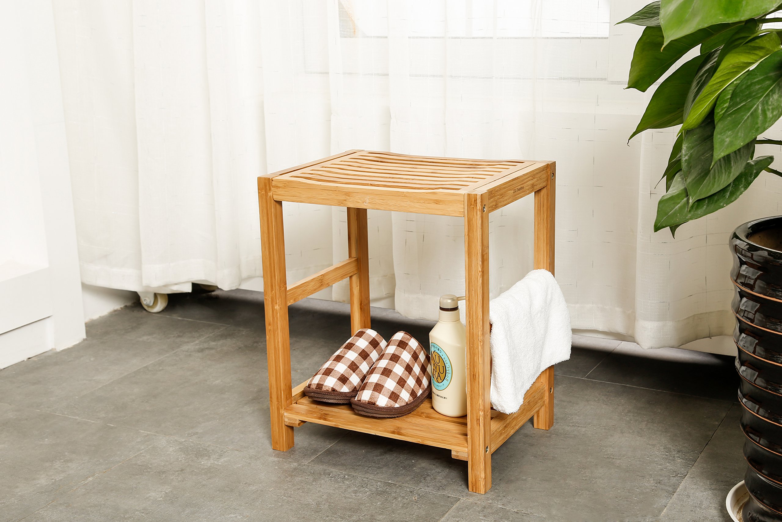 New Ridge Home Goods NewRidge Home Natural Bamboo Shower Seat, Shaving Stool, Spa Bath Bench with Storage Shelf