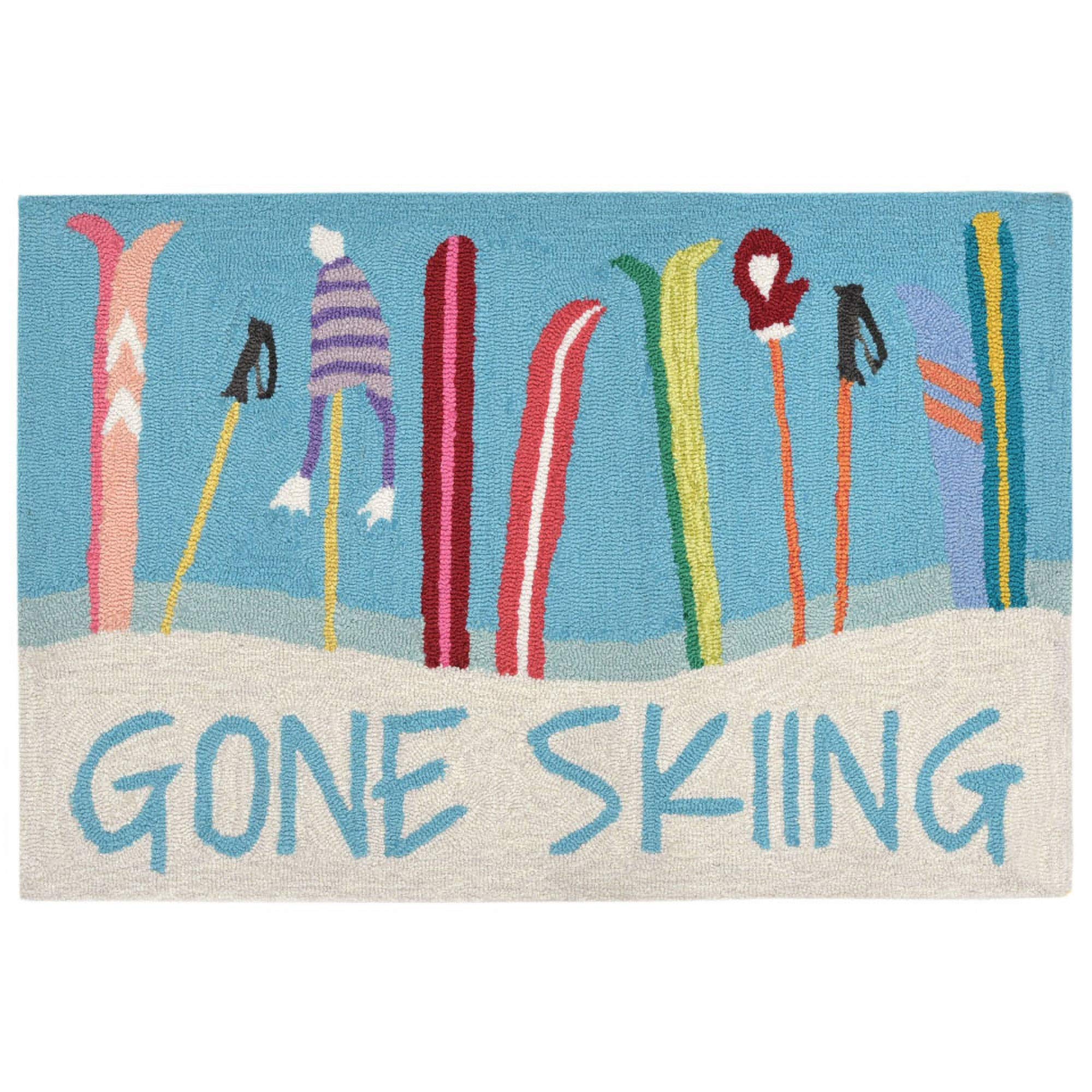 Liora Manne 1845/03 Front Porch Winter Gone Skiing Blue Indoor/Outdoor Rug, 20" X 30", White, Multi