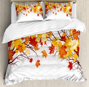 ambesonne fall duvet cover set, image of canadian maple tree leaves in autumn season soft reflection effects, decorative 3 piece bedding set with 2 pillow shams, queen size, orange white