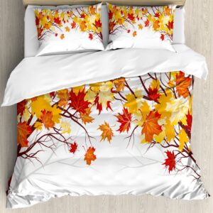 Ambesonne Fall Duvet Cover Set, Image of Canadian Maple Tree Leaves in Autumn Season Soft Reflection Effects, Decorative 3 Piece Bedding Set with 2 Pillow Shams, Queen Size, Orange White