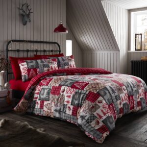 happy linen company christmas patchwork red uk king/us queen reversible duvet cover bedding set