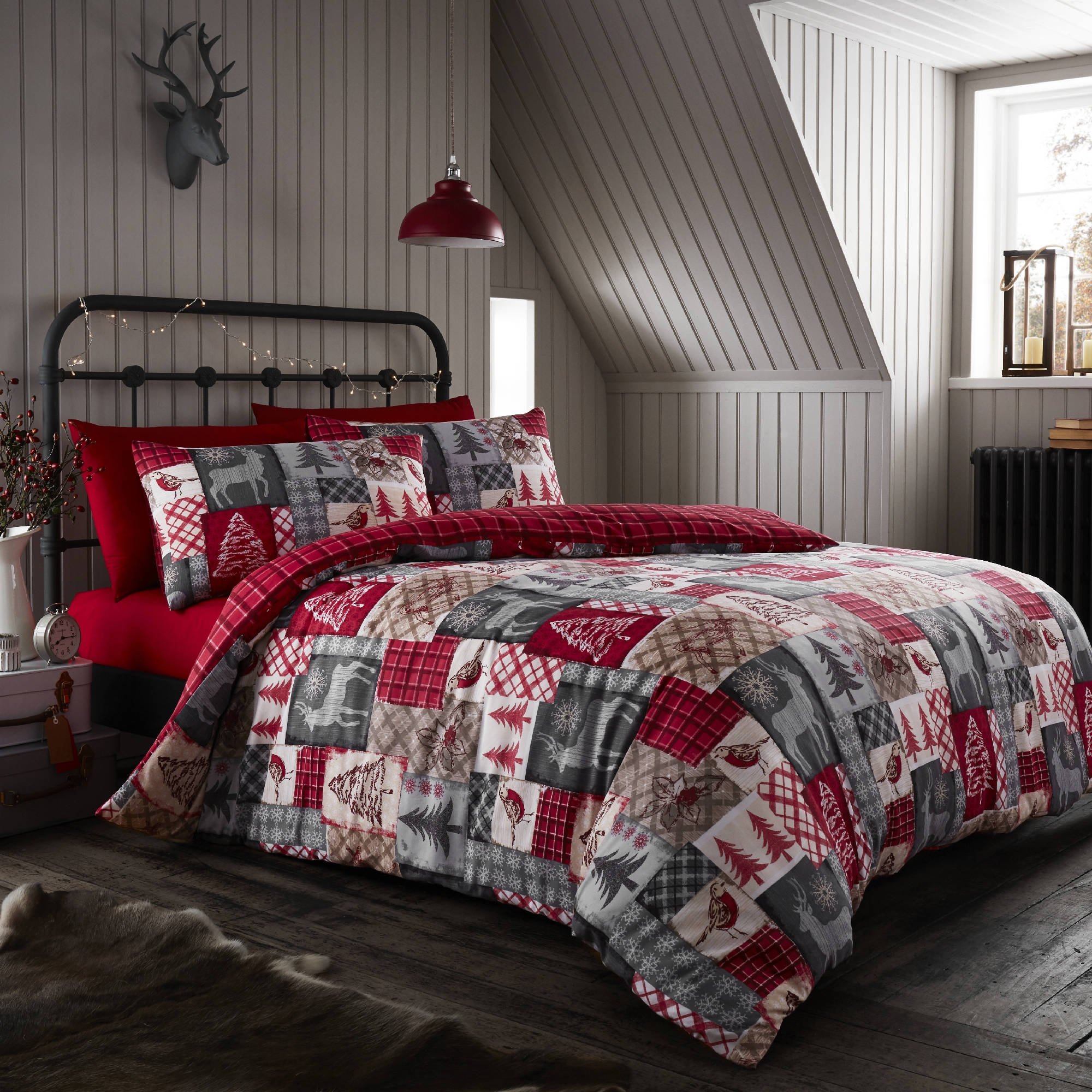 Happy Linen Company Christmas Patchwork Red UK King/US Queen Reversible Duvet Cover Bedding Set