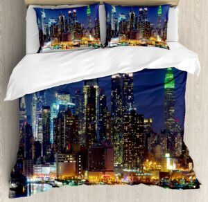 ambesonne new york duvet cover set, nyc midtown skyline in evening skyscrapers metropolis city states photo, decorative 3 piece bedding set with 2 pillow shams, queen size, royal blue