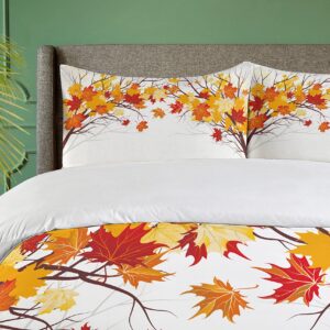 Ambesonne Fall Duvet Cover Set, Image of Canadian Maple Tree Leaves in Autumn Season Soft Reflection Effects, Decorative 3 Piece Bedding Set with 2 Pillow Shams, Queen Size, Orange White