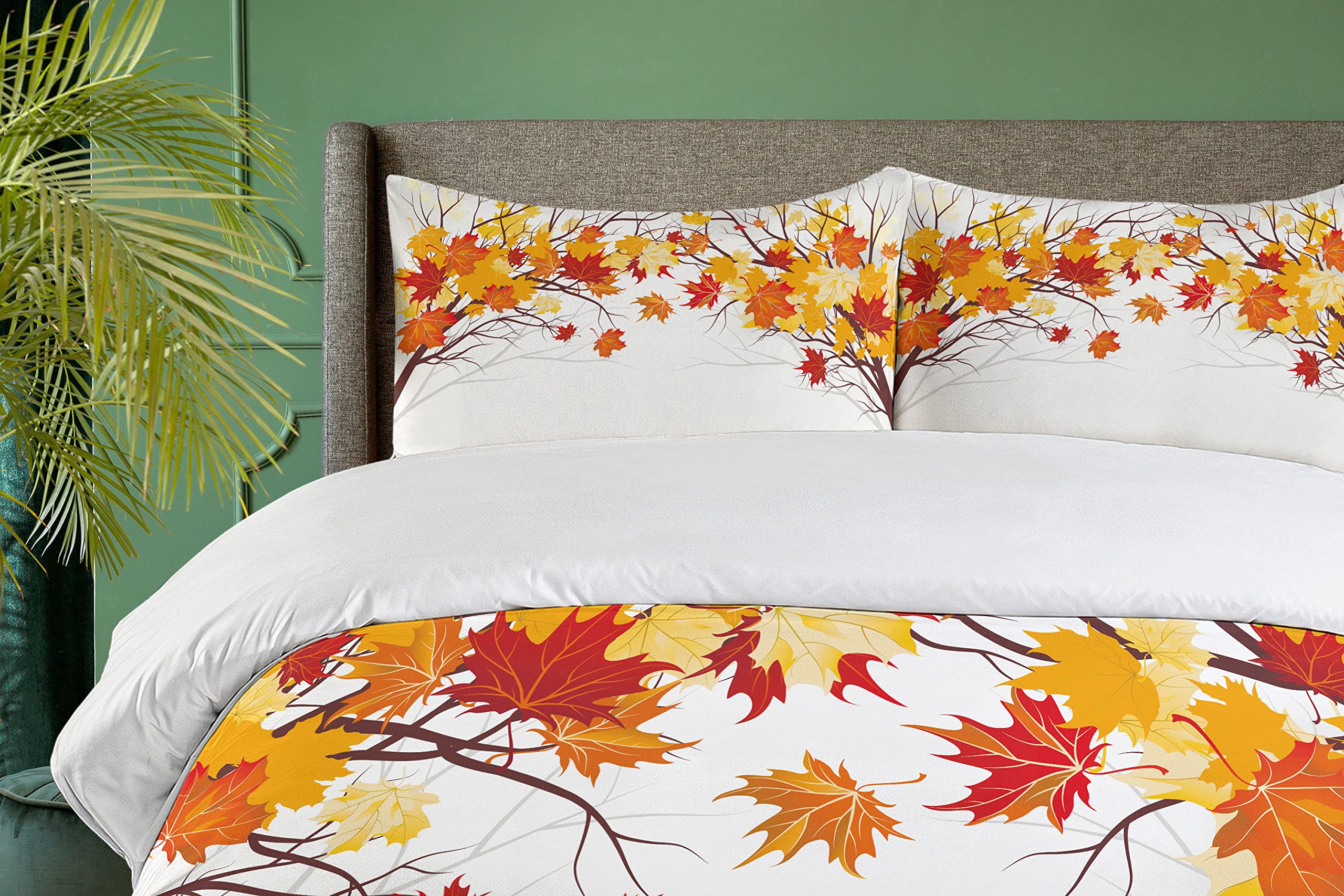 Ambesonne Fall Duvet Cover Set, Image of Canadian Maple Tree Leaves in Autumn Season Soft Reflection Effects, Decorative 3 Piece Bedding Set with 2 Pillow Shams, Queen Size, Orange White