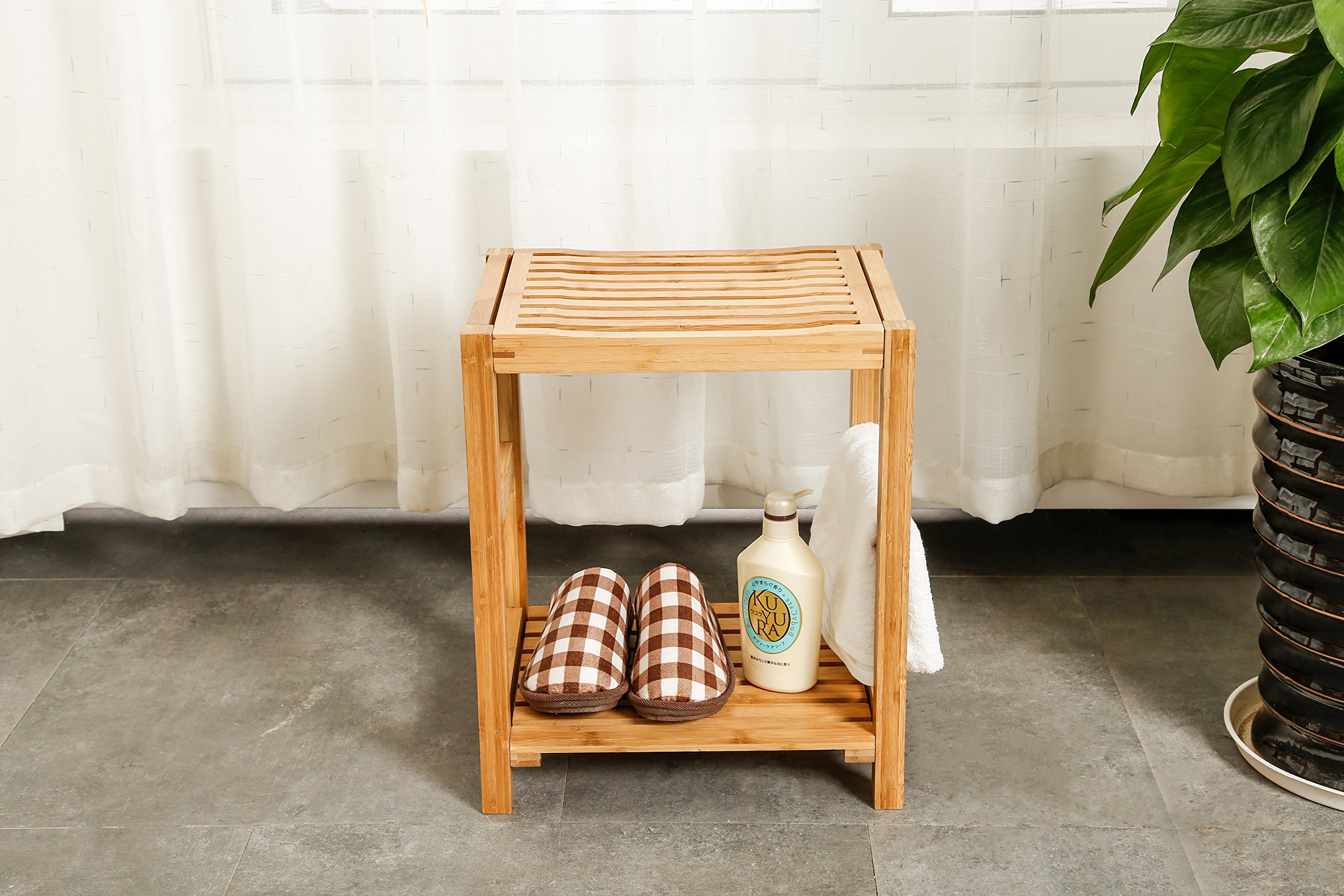 New Ridge Home Goods NewRidge Home Natural Bamboo Shower Seat, Shaving Stool, Spa Bath Bench with Storage Shelf