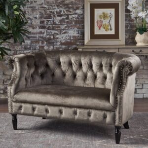 Christopher Knight Home Milani Tufted Scroll Arm Velvet Loveseat, Grey / Dark Brown