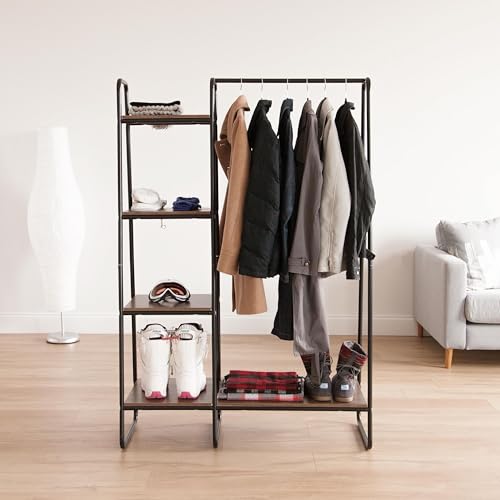 IRIS USA Clothes Rack for Hanging Clothes with 4 Wood Shelves, Freestanding Clothing Rack, Easy to Assemble Garment Rack, Metal, Sturdy Design, Multipurpose, Small Space Storage Solution, Black