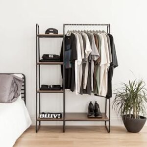 IRIS USA Clothes Rack for Hanging Clothes with 4 Wood Shelves, Freestanding Clothing Rack, Easy to Assemble Garment Rack, Metal, Sturdy Design, Multipurpose, Small Space Storage Solution, Black