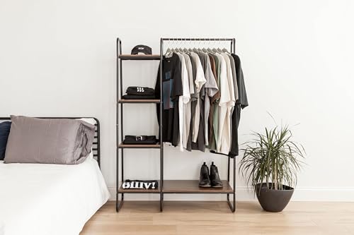 IRIS USA Clothes Rack for Hanging Clothes with 4 Wood Shelves, Freestanding Clothing Rack, Easy to Assemble Garment Rack, Metal, Sturdy Design, Multipurpose, Small Space Storage Solution, Black