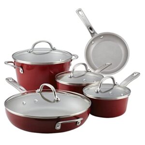 ayesha curry home collection nonstick cookware pots and pans set, 9 piece, sienna red