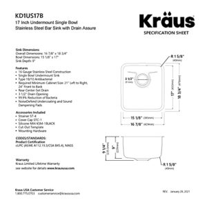 KRAUS Dex 17-Inch Undermount Single Bowl TRU16 Gauge Stainless Steel Kitchen Bar Sink with DrainAssure WaterWay and VersiDrain Assembly in Radiant Pearl Finish, KD1US17B