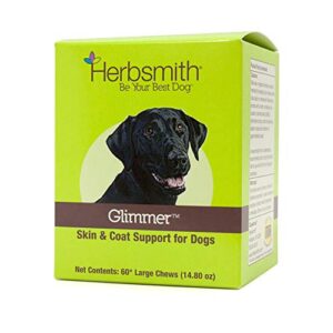 herbsmith glimmer - dog healthy skin and coat + dog treatment for dry itchy skin - omega-3 supplement for dogs - 60ct large chews