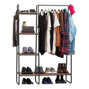 iris usa clothes rack for hanging clothes with 4 wood shelves, freestanding clothing rack, easy to assemble garment rack, metal, sturdy design, multipurpose, small space storage solution, black