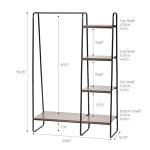 IRIS USA Clothes Rack for Hanging Clothes with 4 Wood Shelves, Freestanding Clothing Rack, Easy to Assemble Garment Rack, Metal, Sturdy Design, Multipurpose, Small Space Storage Solution, Black