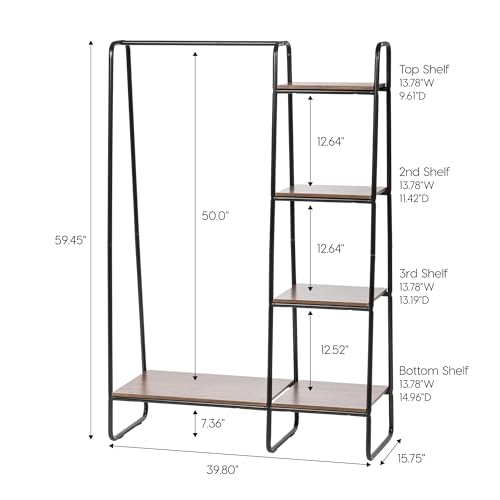 IRIS USA Clothes Rack for Hanging Clothes with 4 Wood Shelves, Freestanding Clothing Rack, Easy to Assemble Garment Rack, Metal, Sturdy Design, Multipurpose, Small Space Storage Solution, Black