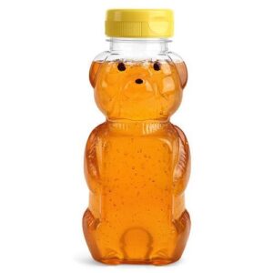 Nakpunar 18 Pack 8 fl oz Plastic PET Honey Bear Jars, Squeeze Bottles with Yellow Flip-Top Dispenser Caps w/Seals - Holds 12 oz Honey by Weight - BPA Free, Refillable and Made in USA