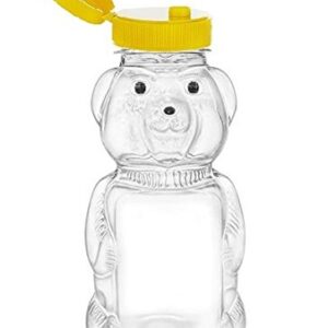 Nakpunar 18 Pack 8 fl oz Plastic PET Honey Bear Jars, Squeeze Bottles with Yellow Flip-Top Dispenser Caps w/Seals - Holds 12 oz Honey by Weight - BPA Free, Refillable and Made in USA