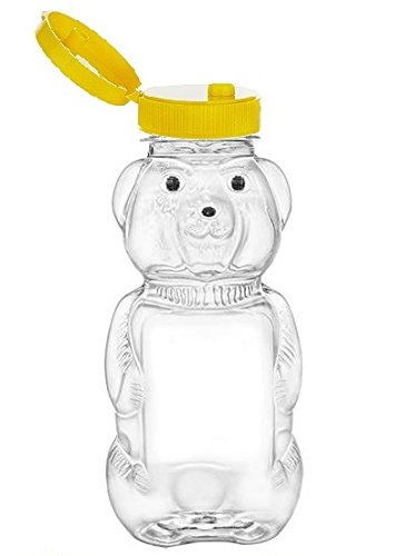 Nakpunar 18 Pack 8 fl oz Plastic PET Honey Bear Jars, Squeeze Bottles with Yellow Flip-Top Dispenser Caps w/Seals - Holds 12 oz Honey by Weight - BPA Free, Refillable and Made in USA