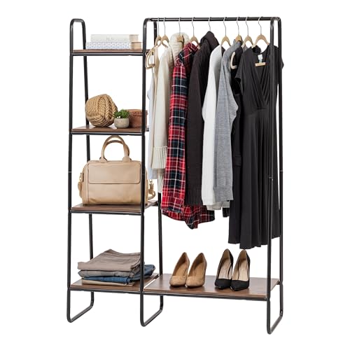 IRIS USA Clothes Rack for Hanging Clothes with 4 Wood Shelves, Freestanding Clothing Rack, Easy to Assemble Garment Rack, Metal, Sturdy Design, Multipurpose, Small Space Storage Solution, Black