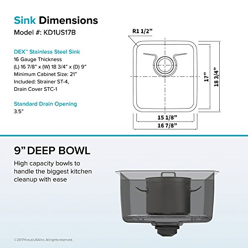 KRAUS Dex 17-Inch Undermount Single Bowl TRU16 Gauge Stainless Steel Kitchen Bar Sink with DrainAssure WaterWay and VersiDrain Assembly in Radiant Pearl Finish, KD1US17B