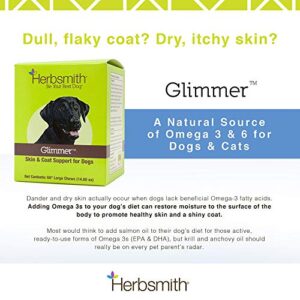 Herbsmith Glimmer - Dog Healthy Skin and Coat + Dog Treatment for Dry Itchy Skin - Omega-3 Supplement for Dogs - 60ct Large Chews