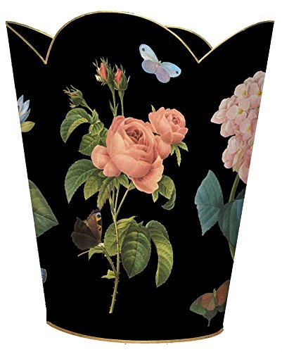 Marye-Kelley Vintage Pink Roses and Blue Irises on Black Wastepaper Basket, Wood, Scalloped Top, Wastepaper Basket for Kitchen, Bathroom, Bedroom, Living Room, Handmade, Made in The USA