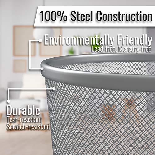 Zuvo Metal Wire Mesh Waste Basket Garbage Trash Can for Office Home Bedroom Height 10.1" Width 10", 4 Gallon (16 Quart) (2, Silver)