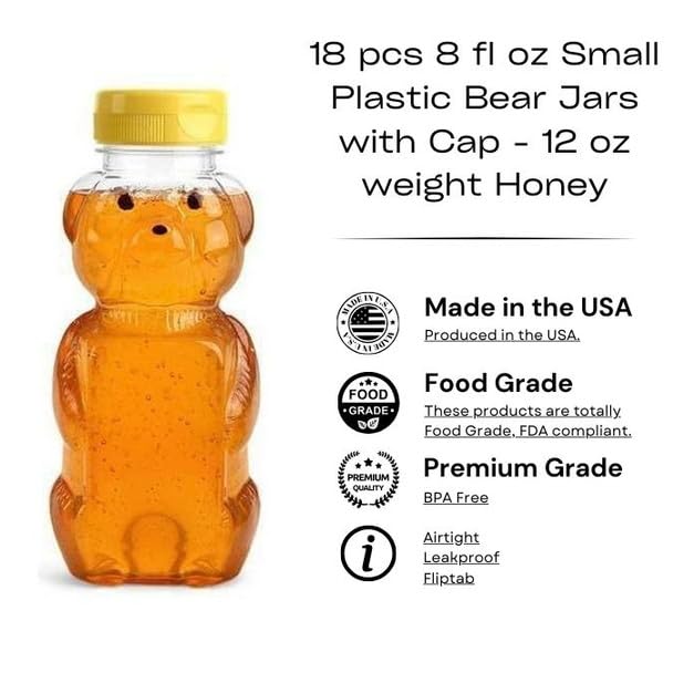 Nakpunar 18 Pack 8 fl oz Plastic PET Honey Bear Jars, Squeeze Bottles with Yellow Flip-Top Dispenser Caps w/Seals - Holds 12 oz Honey by Weight - BPA Free, Refillable and Made in USA