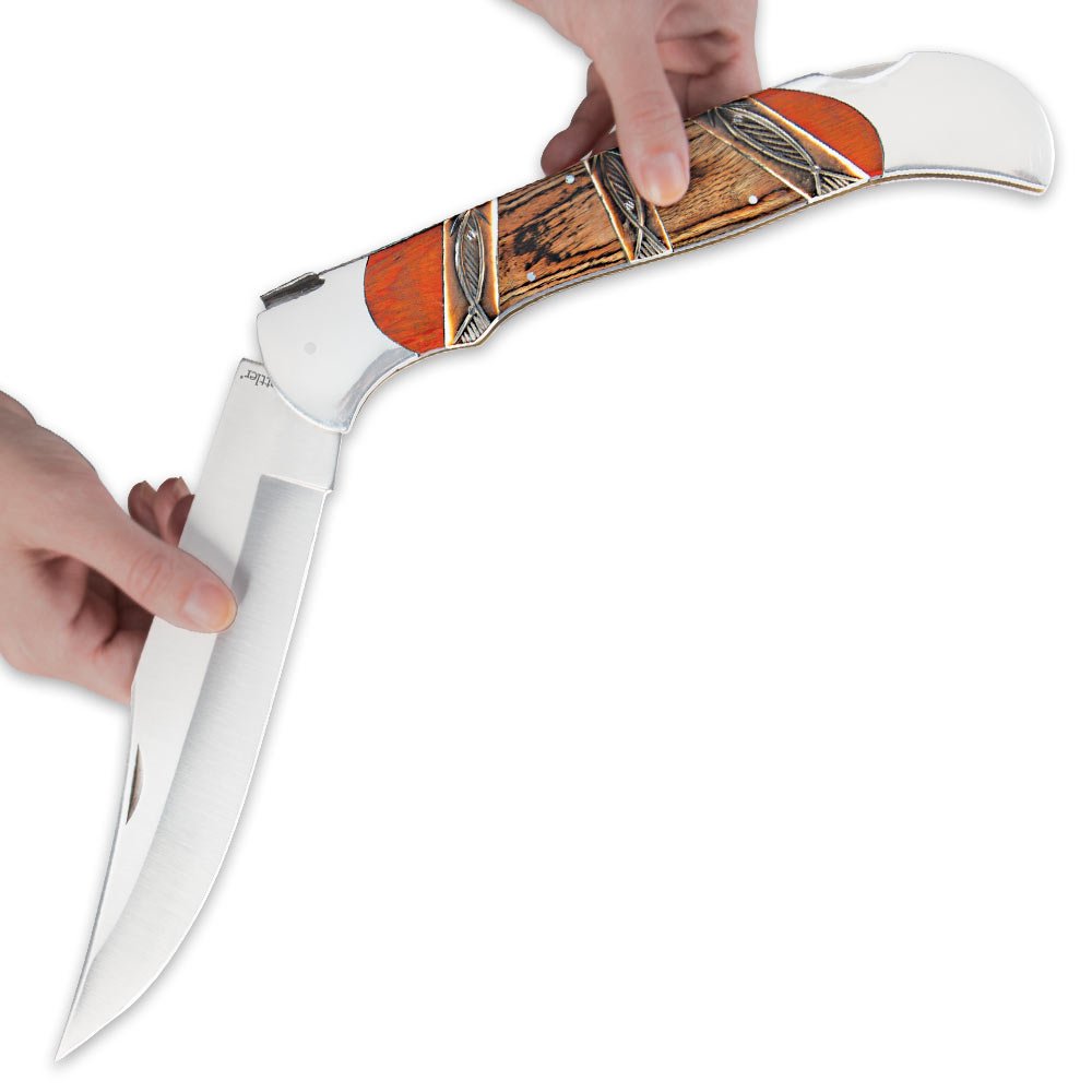 Timber Rattler Heartwood Scarab Back Giant Folding Pocket Knife - Carved Camel Bone Inlays