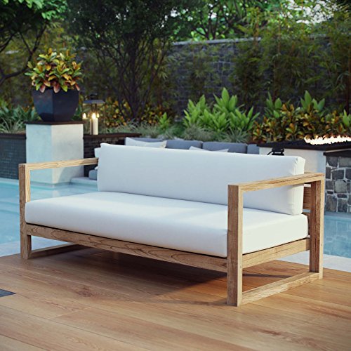 Modway Upland Teak Wood Outdoor Patio Sofa with Cushions in Natural White