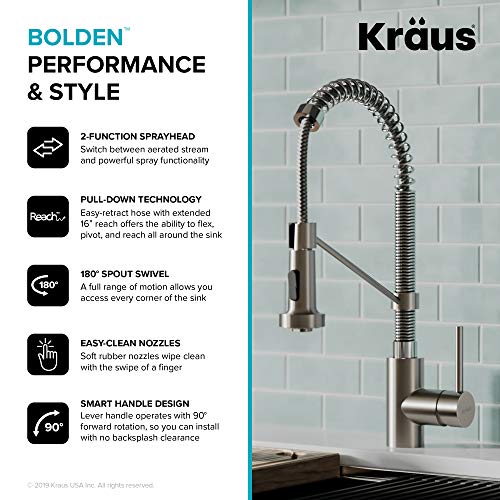 KRAUS Bolden Commercial Style 2-Function Single Handle Pull Down Kitchen Faucet in Stainless Steel/Chrome, KPF-1610SSCH (Pack of 1)