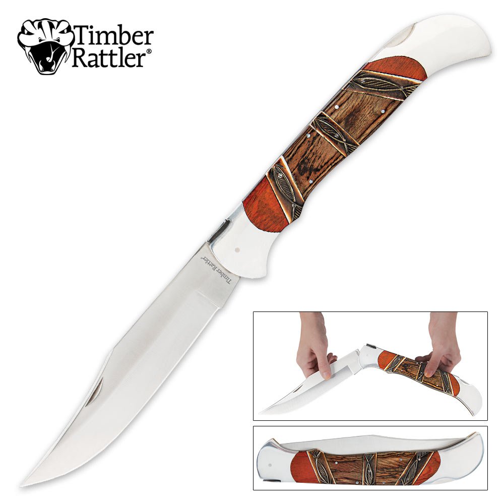 Timber Rattler Heartwood Scarab Back Giant Folding Pocket Knife - Carved Camel Bone Inlays