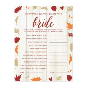 andaz press fallin' in love autumn fall leaves wedding party collection, how well do you know the bride? bridal shower game cards, 20-pack