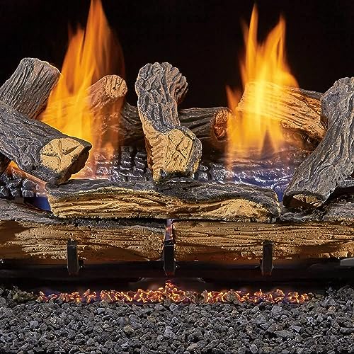 Duluth Forge DLS-24T-1 Dual Fuel Ventless Fireplace Logs Set with Thermostat, Use with Natural Gas or Liquid Propane, 33000 BTU, Heats up to 1100 Sq. Ft, Split Red Oak, 24 Inches