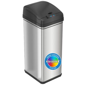 itouchless 13 gallon stainless steel automatic garbage can with absorbx filter, big lid opening sensor touchless kitchen trash bin (base version - no ac adapter)