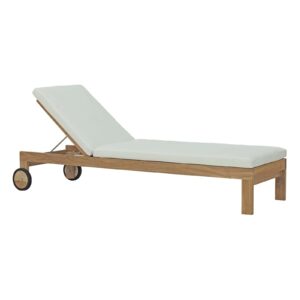 modway upland teak wood outdoor patio chaise lounge chair with cushions in natural white