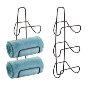 mdesign metal wall mount 3 level bathroom towel rack holder & organizer - for storage of towels, washcloths, hand towels, robes - 2 pack - bronze