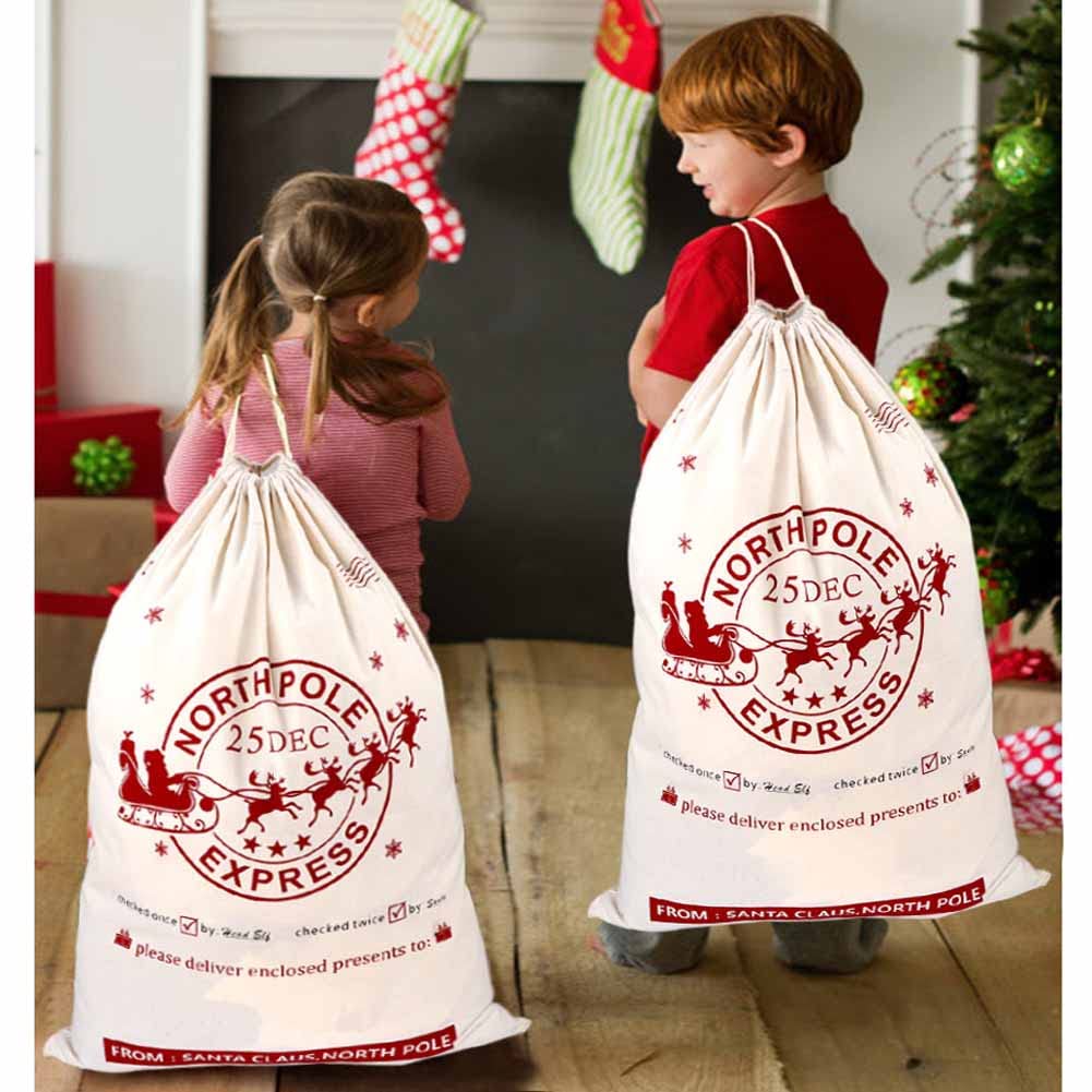 OurWarm 2pcs Santa Sacks Canvas Bags with Drawstring Large Christmas Bags Santa Bags for gifts Kids Presents Storage 19 x 27 Inch