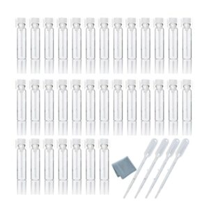 elfensatll- 100pcs transparent clear 1ml 1/4 dram empty glass sample vials with 0.5ml 10pcs pipettes droppers for party makeup tool essential oils aromatherapy perfume cologne