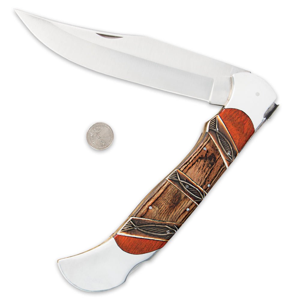 Timber Rattler Heartwood Scarab Back Giant Folding Pocket Knife - Carved Camel Bone Inlays