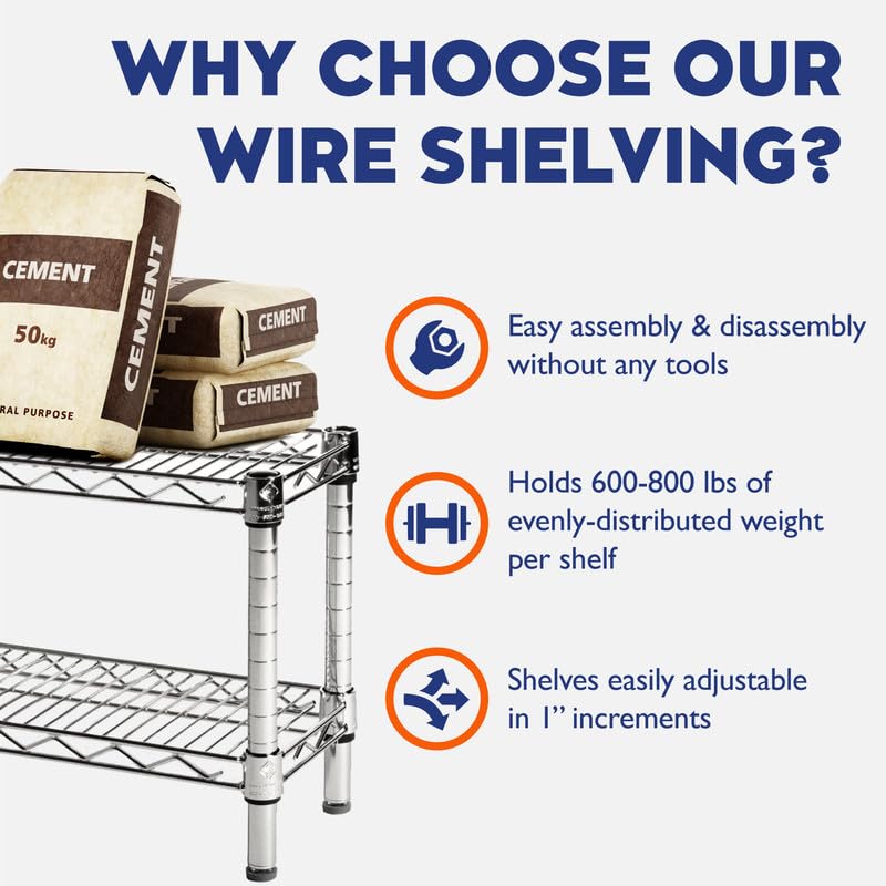 Shelving Inc. 8" d x 18" w x 84" h Chrome Wire Shelving with 4 Tier Shelves, Weight Capacity 800lbs Per Shelf