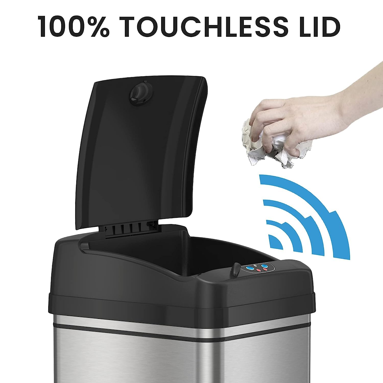 iTouchless 13 Gallon Stainless Steel Automatic Garbage Can with AbsorbX Filter, Big Lid Opening Sensor Touchless Kitchen Trash Bin (Base Version - No AC Adapter)