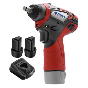 acdelco 3/8 power impact wrench 90ft-lbs led light cordless li-ion 12v max compact tool, kit with 2 batteries, charger, g12 series ari12104