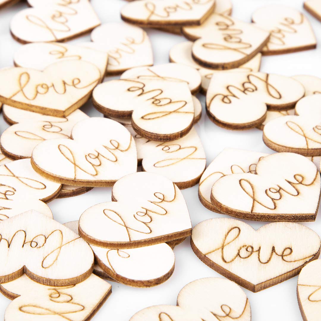 Andaz Press Engraved Wood Heart Confetti, Love, 100-pack, Wood Confetti Hearts For Wedding Engagement Party Confetti, Bridal Shower Confetti For Tables, Bridal Shower Table Decorations