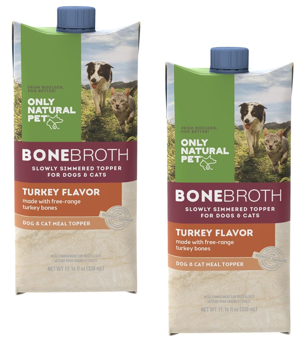 Only Natural Pet Bone Broth Turkey Flavor Dog & Cat Meal Topper, 100% Human-Grade Slow-Simmered, Free-Range for Dry Food or to Hydrate Dehydrated Food - (2-Pack / 11.16 oz Each)